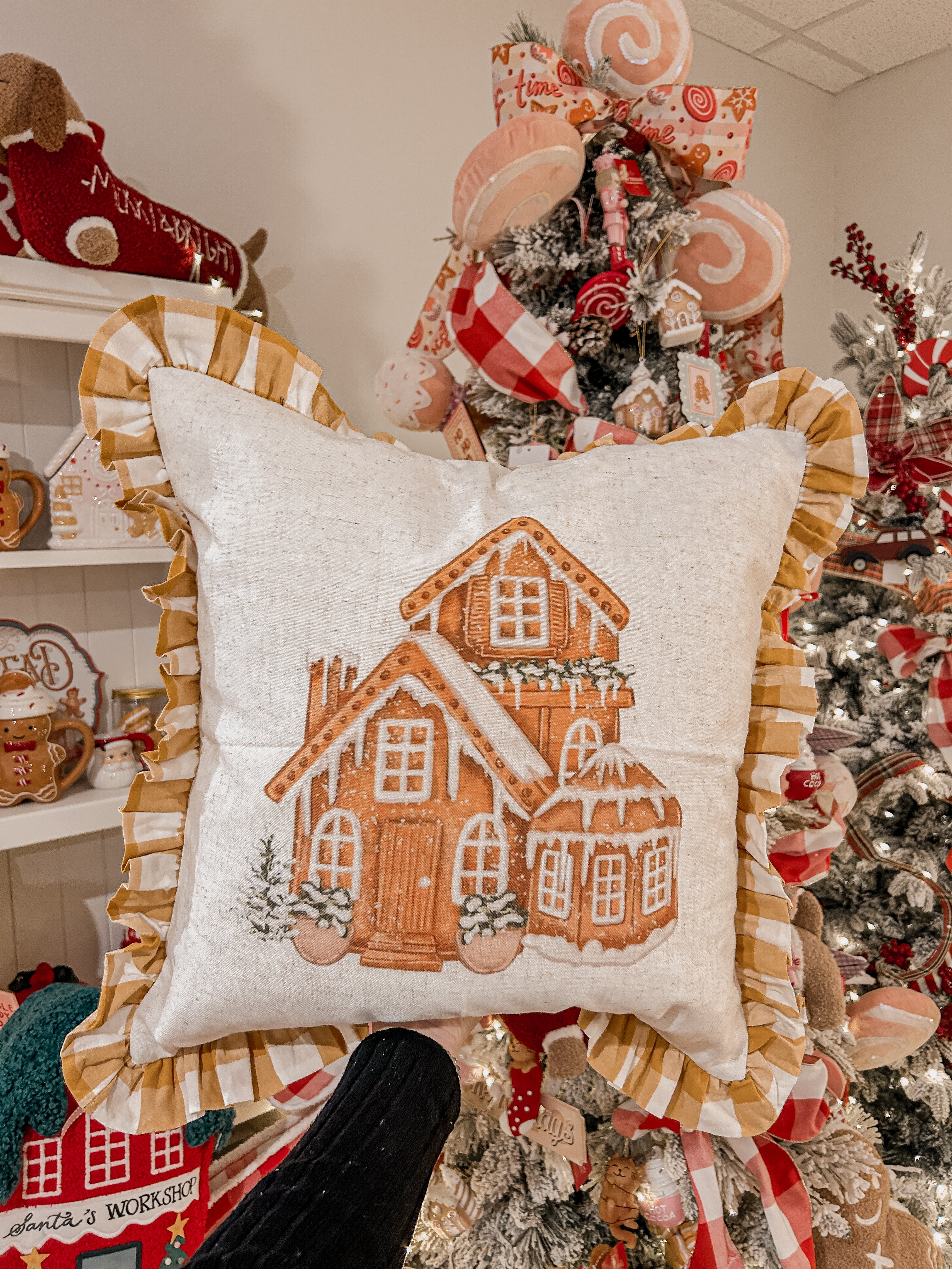 Gingerbread House Cushion with gingham ruffles – Christmas Wonderland Co